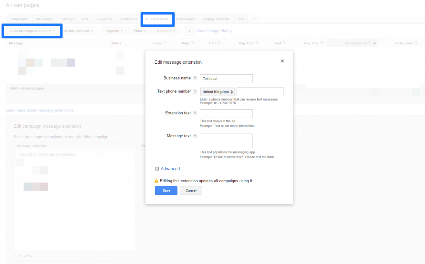 Getting started with Adwords' message extensions - Textlocal