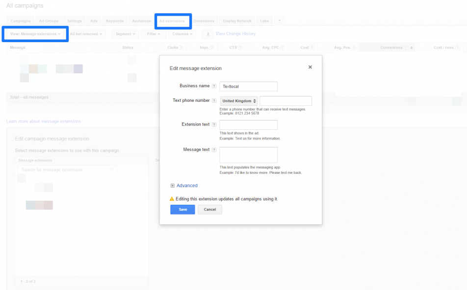 Getting started with Adwords' message extensions - Textlocal